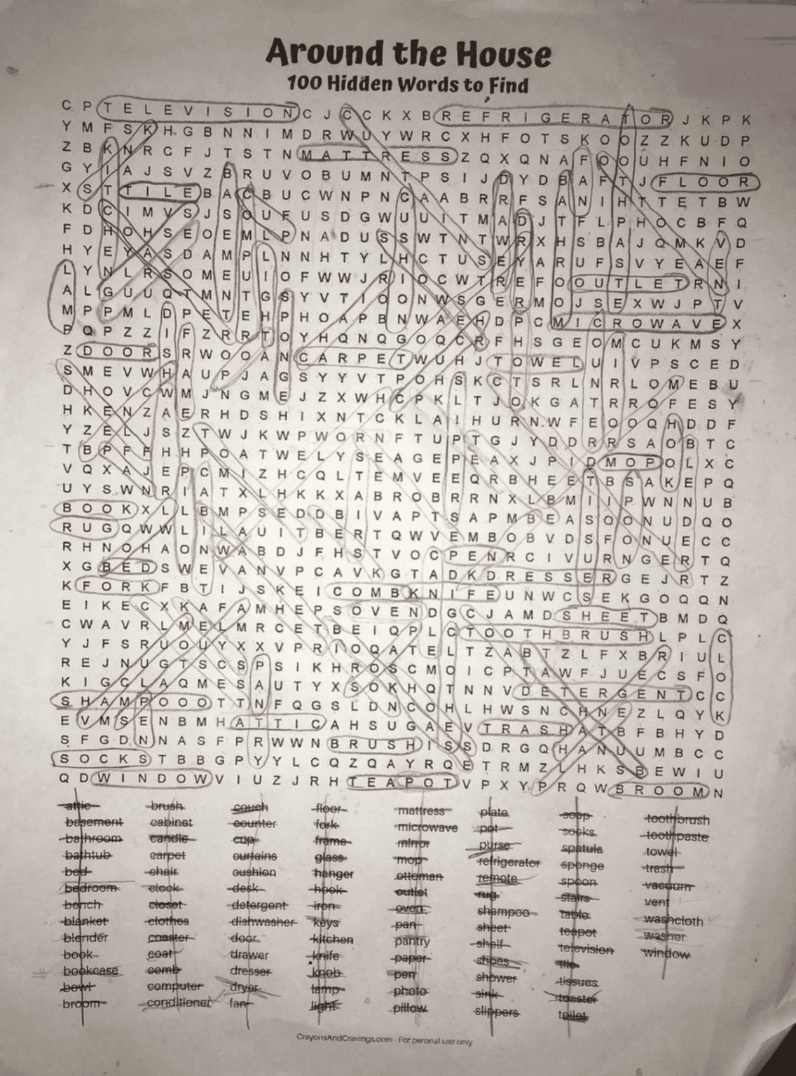 Fun And Challenging Around The House Word Search With 100 Words Key!